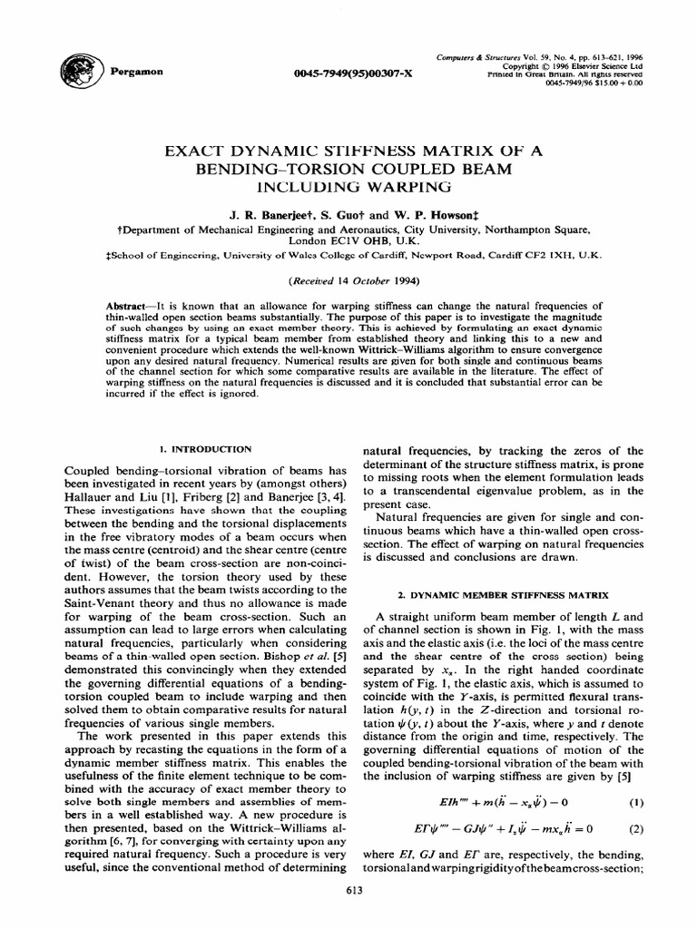 EXACT DYNAMIC STIFFNESS MATRIX OF A Bending Torsional Coupled Beam | PDF | Beam (Structure ...