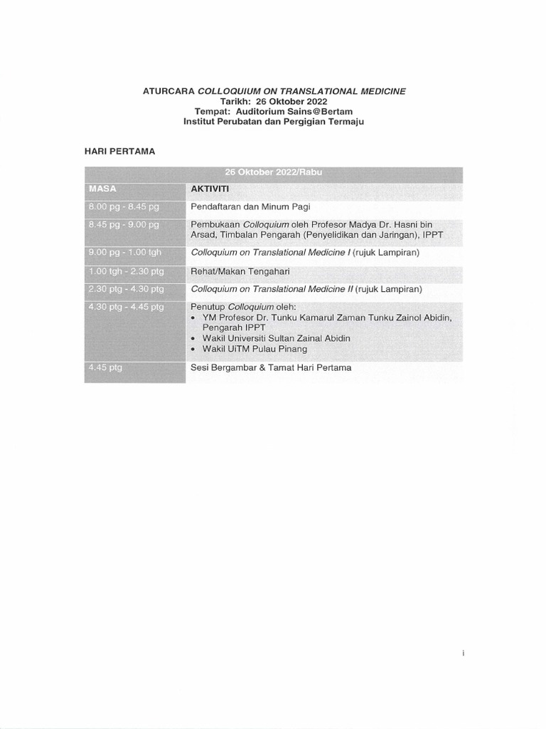 Lampiran Aturcara Colloquium On Translational Medicine | PDF