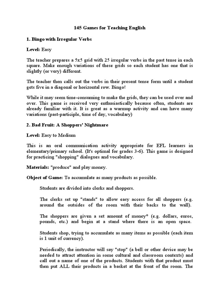 Games For Teaching English PDF Part Of Speech Question