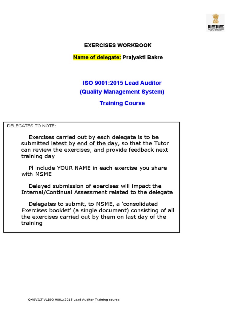 06 Exercises Workbook - ISO 9001-QMS LATC V 1.5 | PDF | Audit | Quality ...
