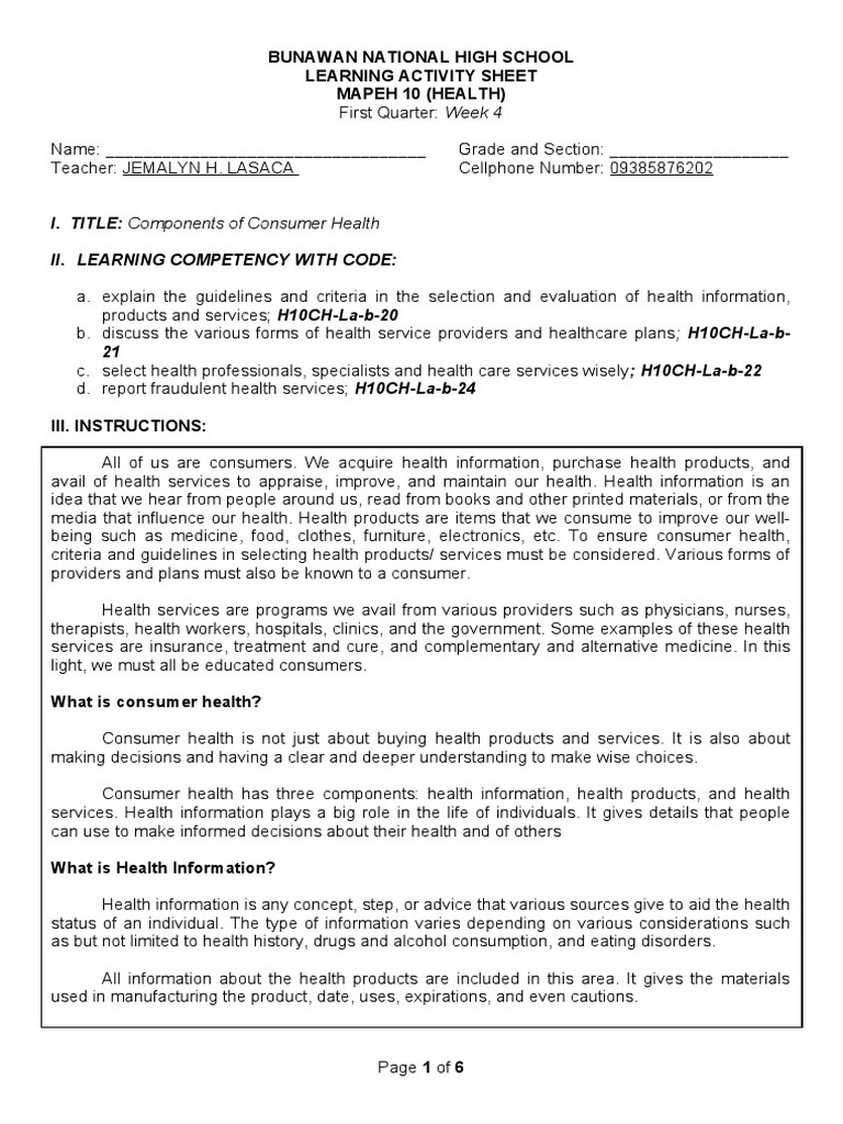 LAS MAPEH 10 Q1 W4 Health | PDF | Health Care | Health Informatics