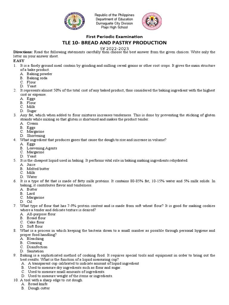 First Periodic Examination on Bread and Pastry Production Topics for TLE 10 Students at PIapi ...