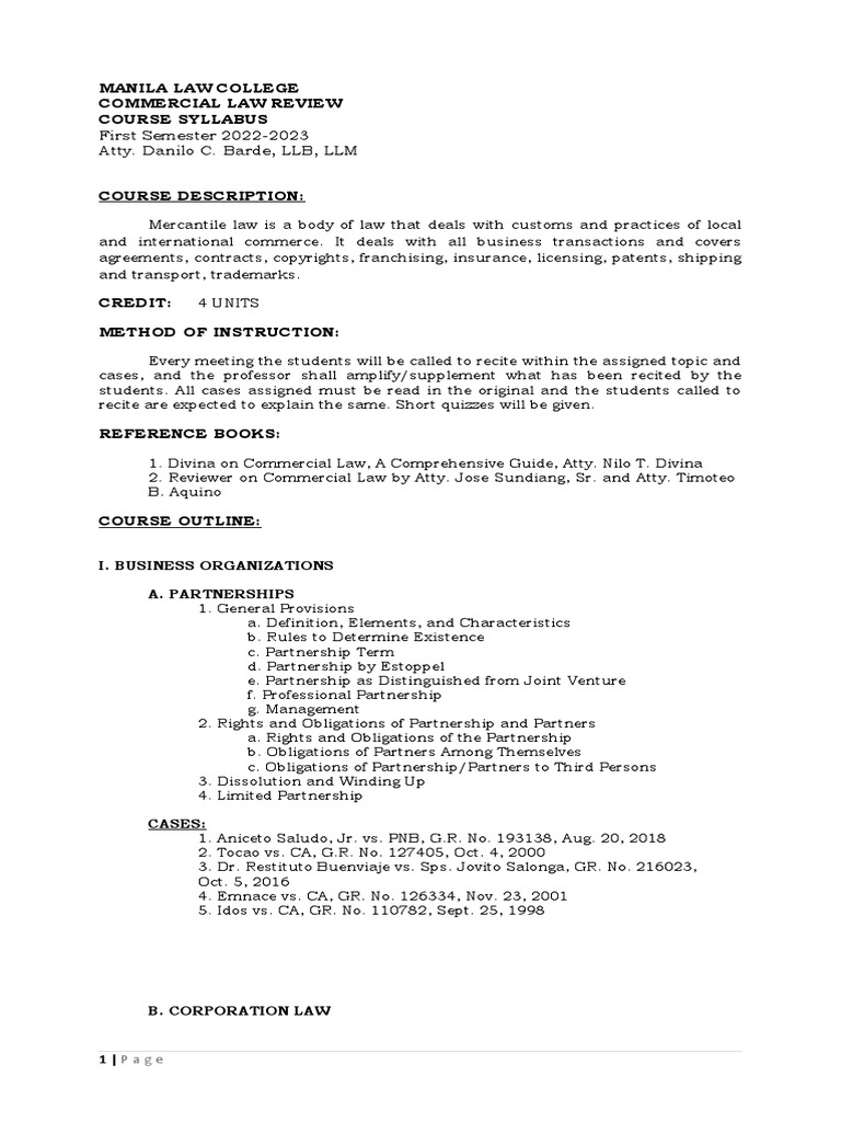 MLC Commercial Law Course Syllabus | PDF | Patent | Corporations