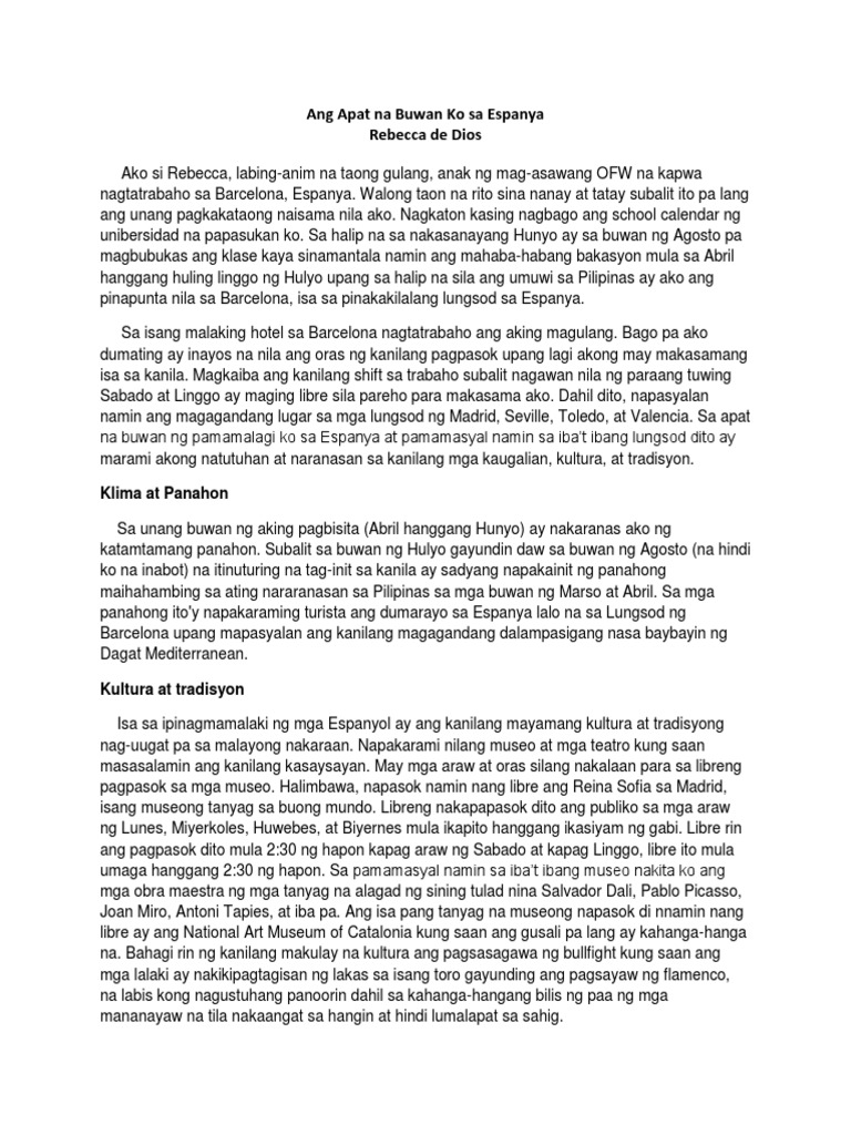 Aralin 3 Ang Apat Na Buwan Ko Sa Espanya Ni Rebecca de Dios | PDF