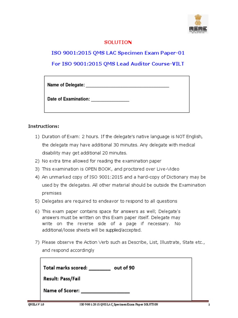 09 SOLUTION - Specimen Exam Paper - ISO 9001-QMS LATC V 1.0 | PDF ...