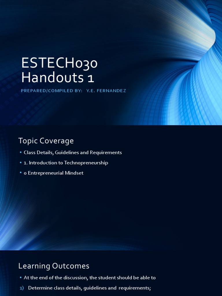 ESTECH030 Handouts 1 Introduction | PDF | Entrepreneurship | Startup ...