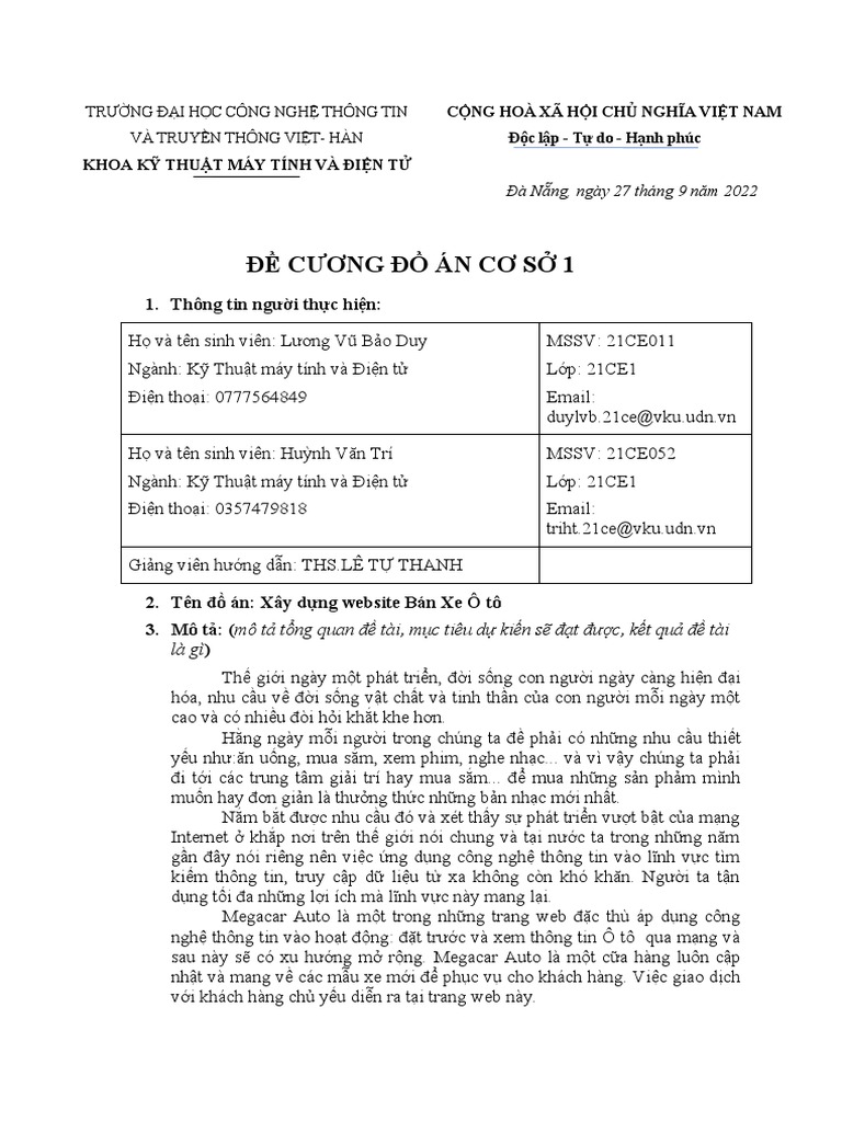 De Cuong Chi Tiet Do An Co So 2 | PDF