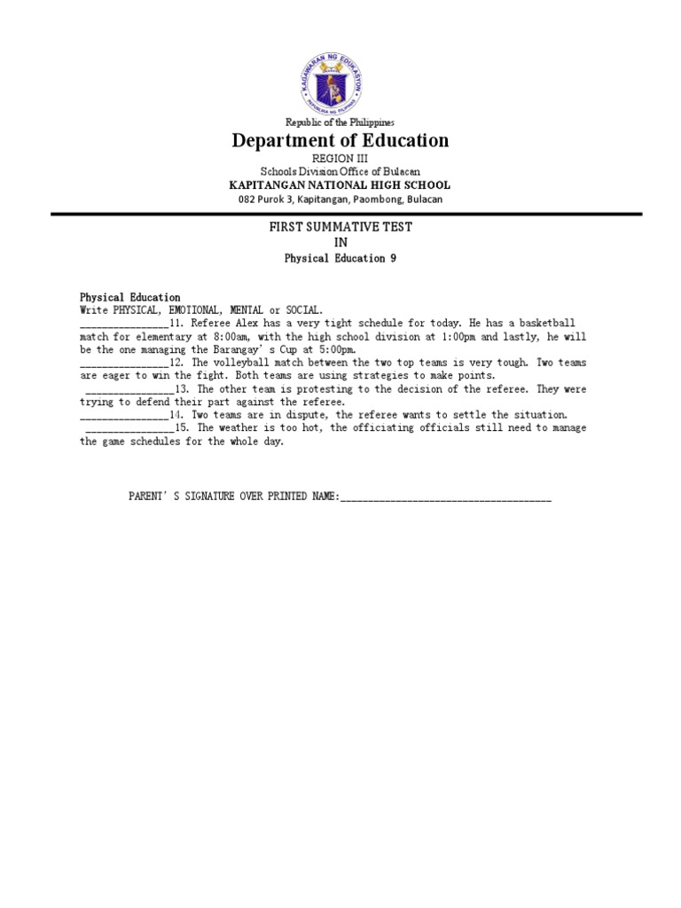 First Summative Test in Pe9 | PDF