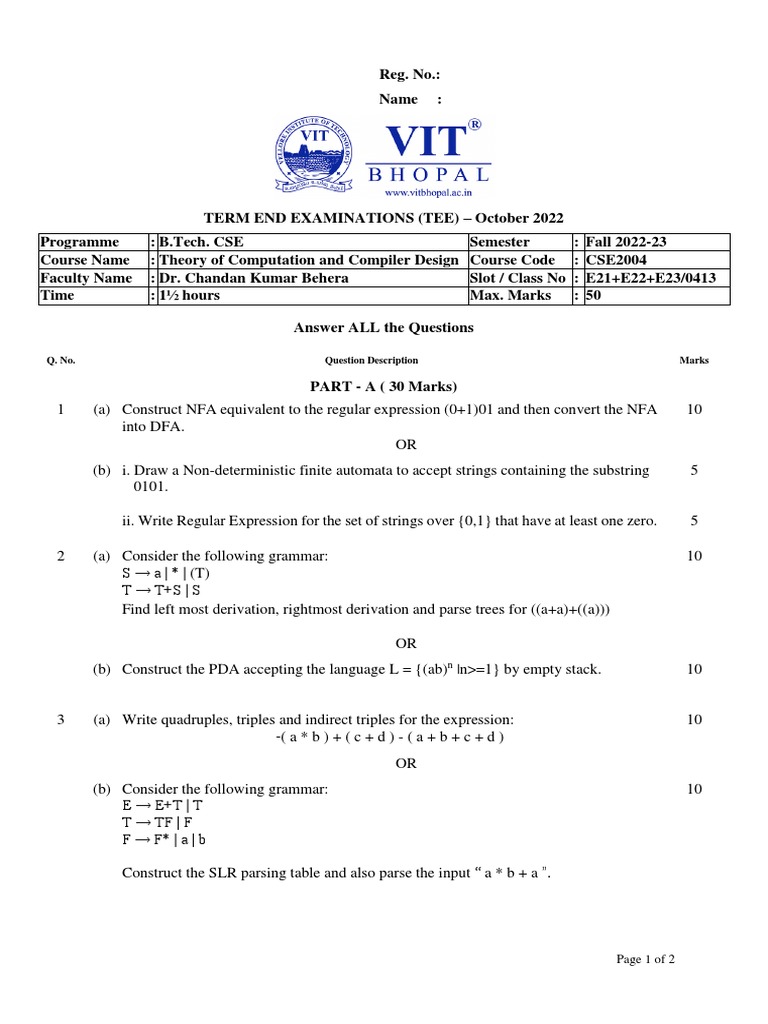 E21 - E22 - E23 - CSE2004 - ToC and CD - Fall 2022-23 - TEE | PDF | Mathematical Logic ...