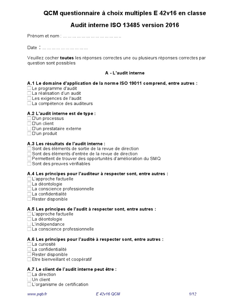QCM Questionnaire À Choix Multiples - Audit Interne ISO 13485 | PDF | Audit | Système de ...
