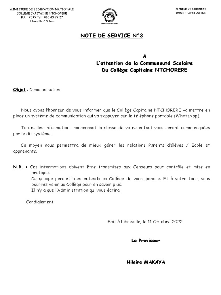 Note de Service A La Communaute Scolaire | PDF