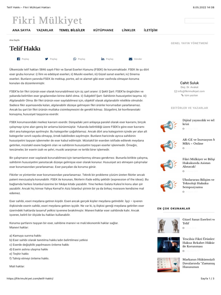 Telif Hakkı - Fikri Mülkiyet Hakları | PDF