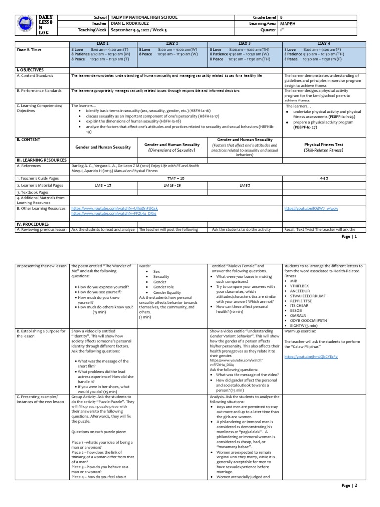 DLL WEEK 3 Q1 Mapeh8 Health | PDF | Gender | Gender Studies