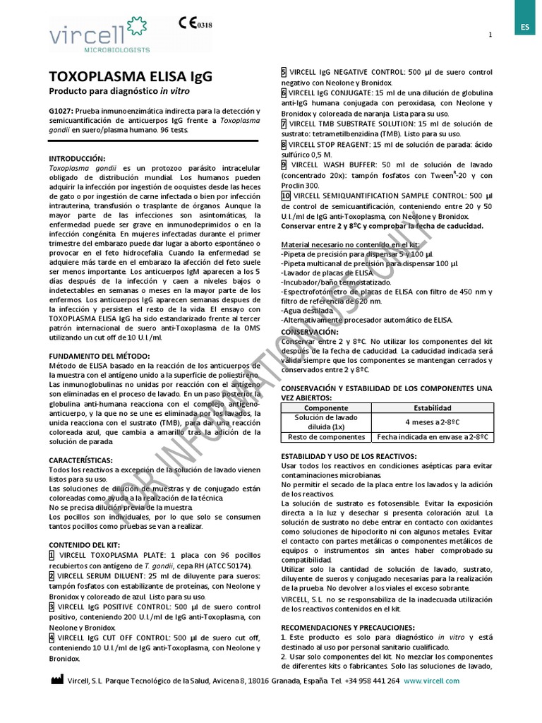 TOXOPLASMA ELISA IgG - G1027 - Vircell | PDF | Elisa | Especialidades Medicas