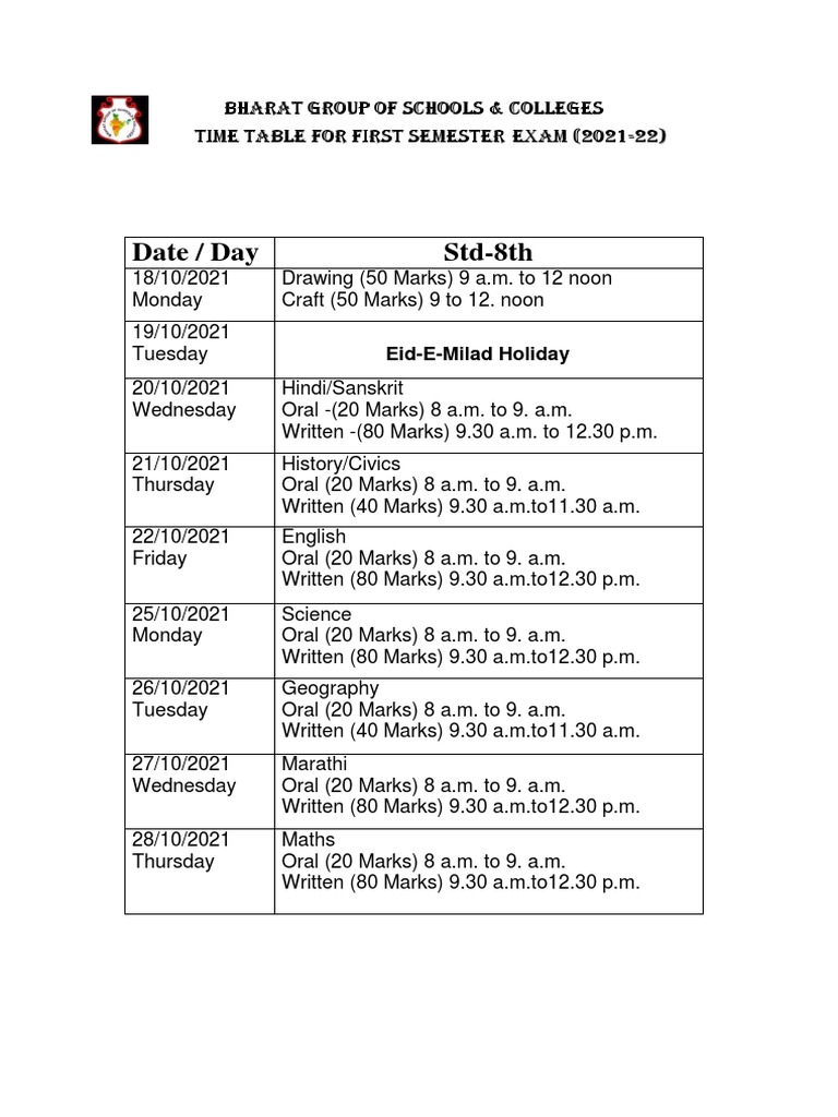 1st Semester Exam 8th Timetable | PDF