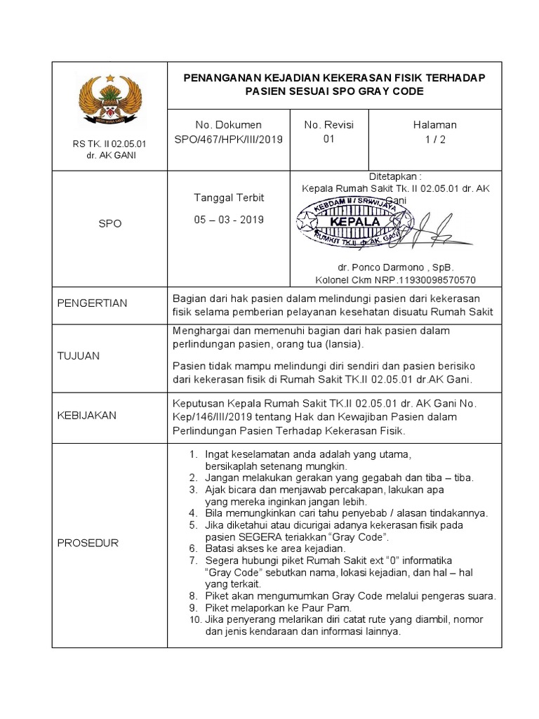 Spo Penanganan Kejadian Kekerasan Fisik Terhadap Pasien Sesuai Spo Gray Code | PDF