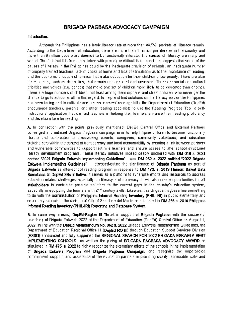 Brigada Pagbasa Literacy Initiative | PDF | Literacy | Behavior ...