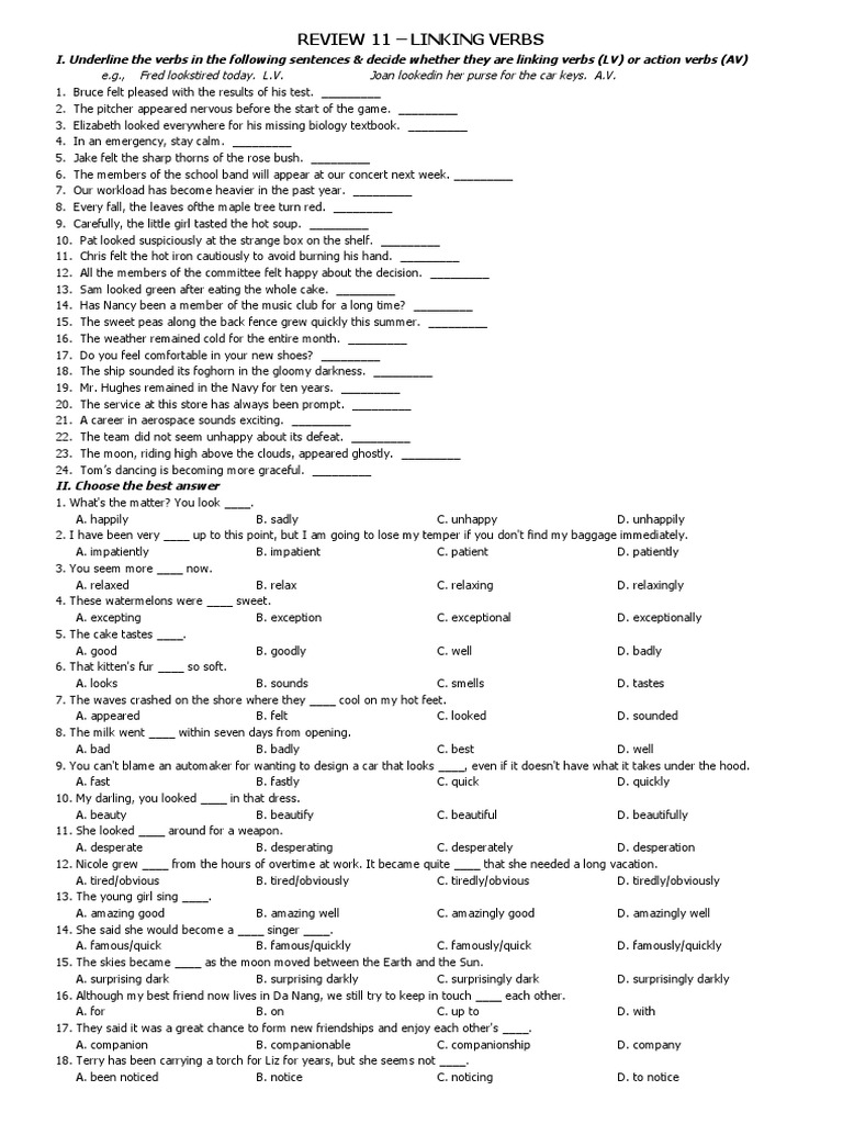 Review 11 - Linking Verbs | PDF