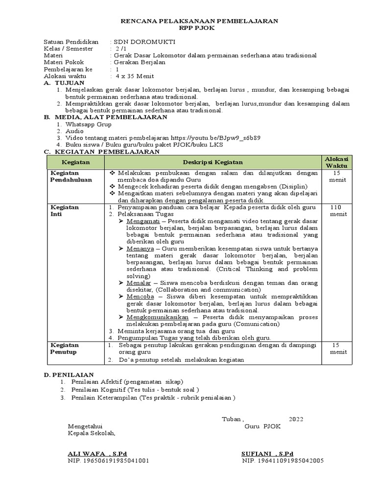 RPP Pjok SD Kelas 2 Semester .1 k.13 | PDF