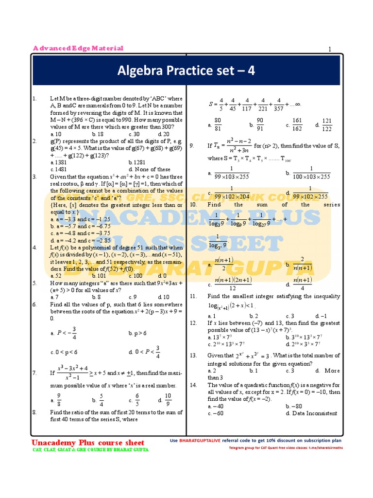 Algebra Set - 4 | PDF | Arithmetic | Algebra
