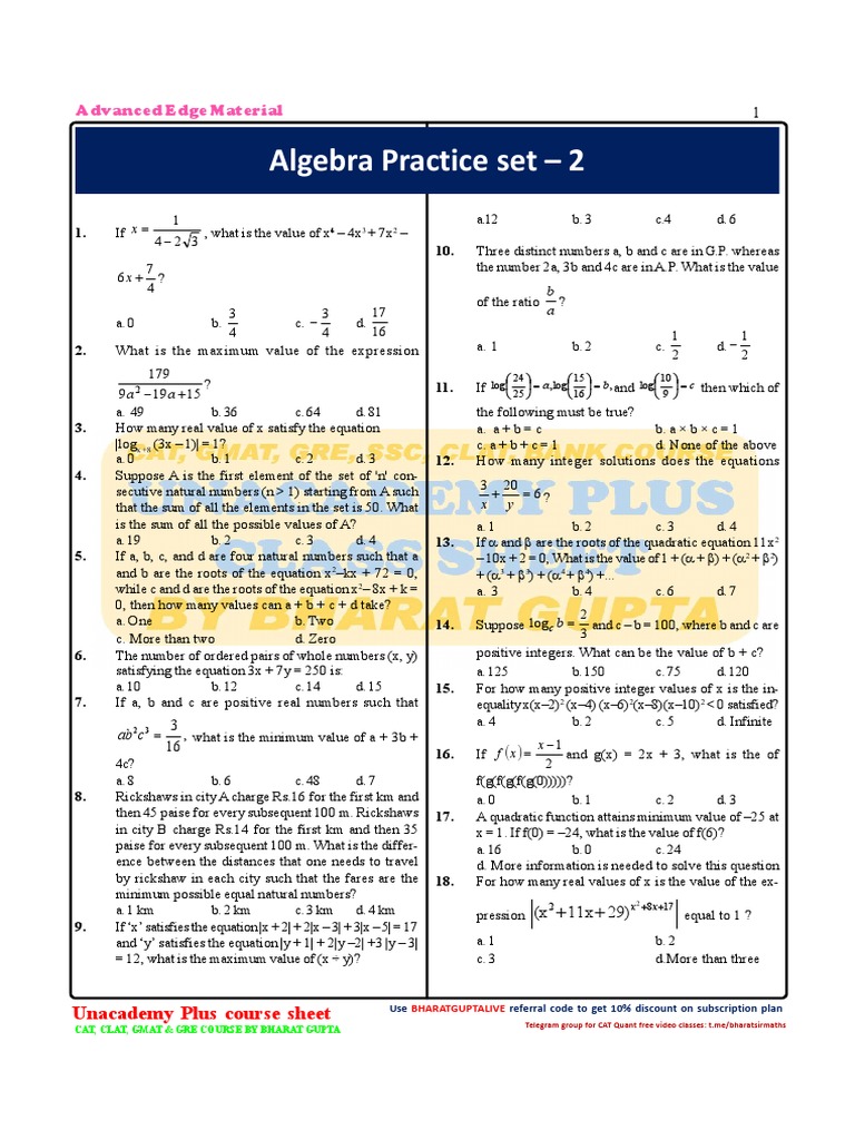 Algebra Set - 2 | PDF | Algebra | Numbers