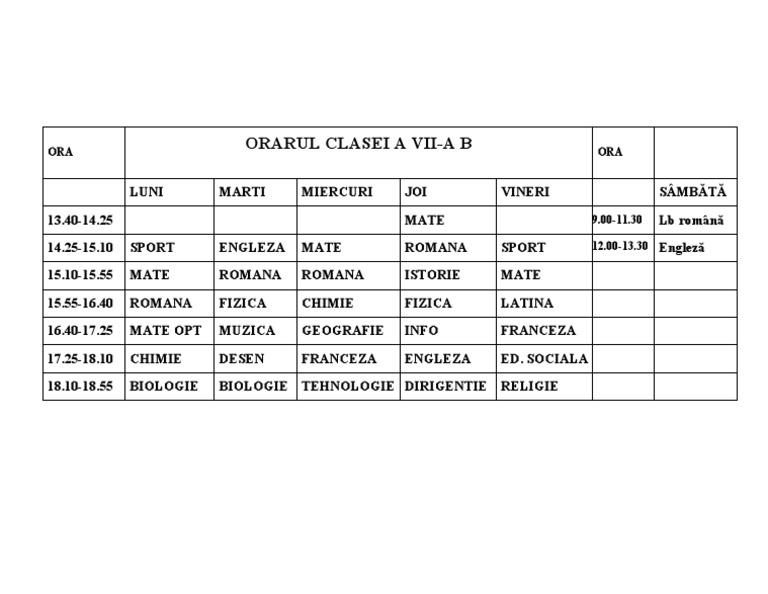Orar Clasa A VII-a | PDF