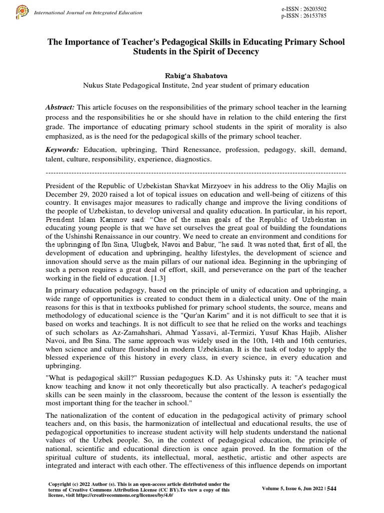 The Importance of Teacher's Pedagogical Skills in Educating Primary School Students in The ...