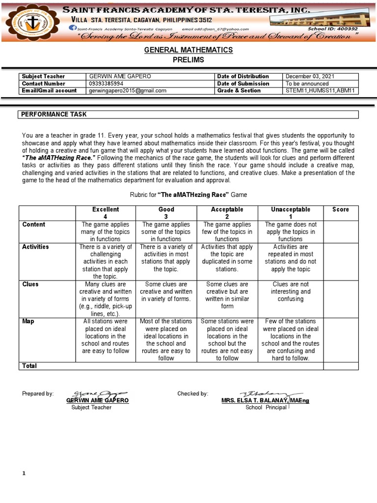 Q2-Genmath-Performance Task | PDF | Teachers | Pedagogy Q2-Genmath-Performance Task | PDF | Teachers | Pedagogy