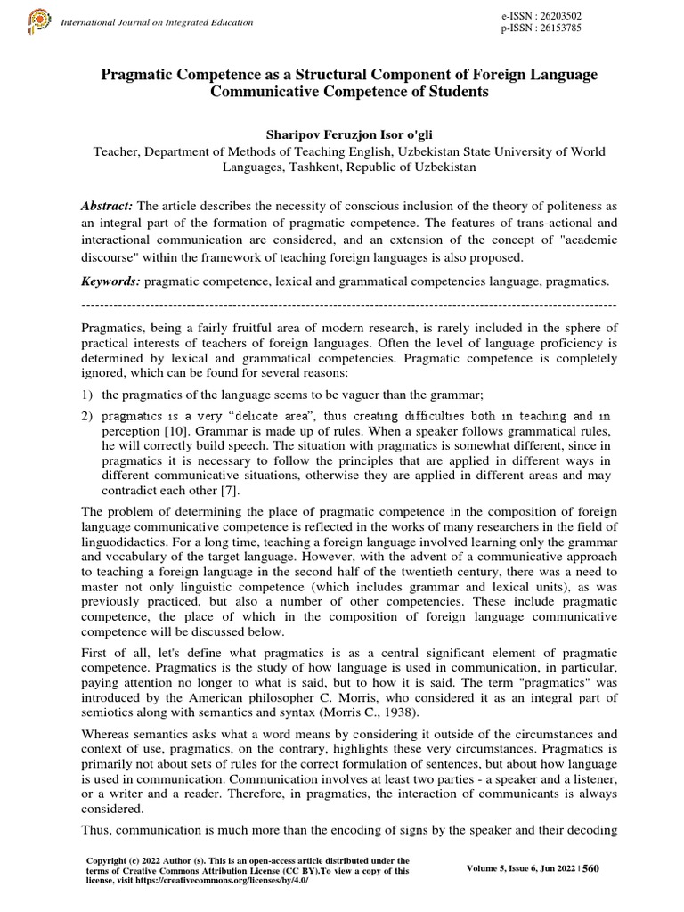 Pragmatic Competence As A Structural Component of Foreign Language ... Pragmatic Competence As A Structural Component of Foreign Language ...