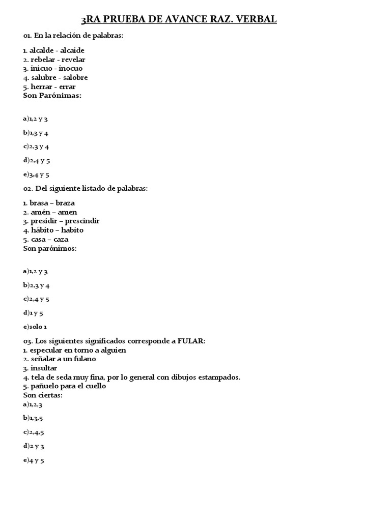 3ra Prueba de Avance Raz Verbal | PDF