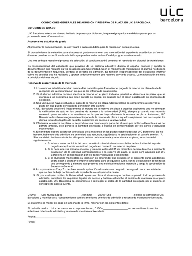 Condiciones Generales Grado Uic Definitivo | PDF | Privacidad de la ...