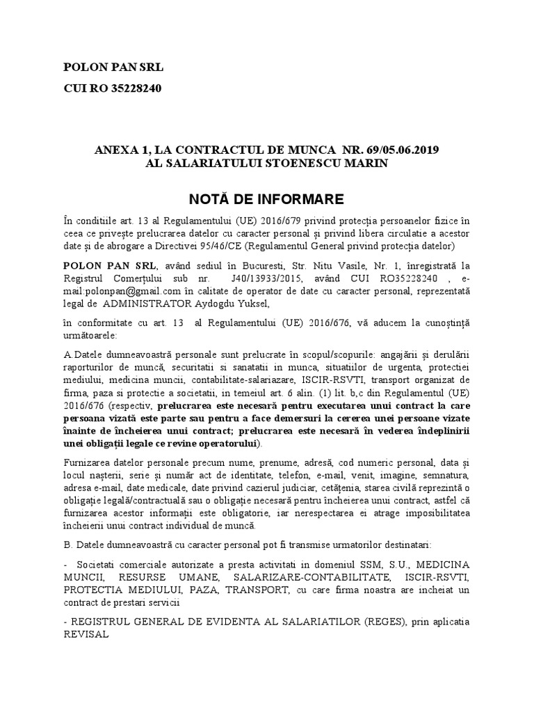 NOTA DE INFORMARE SI ACORD SALARIAT Prot Date Stoenescu Marin | PDF