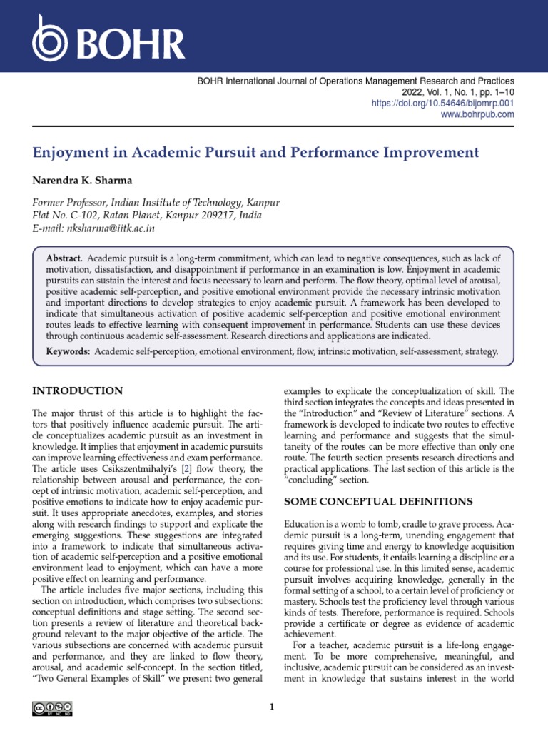 Enjoyment in Academic Pursuit and Performance Improvement | PDF ...