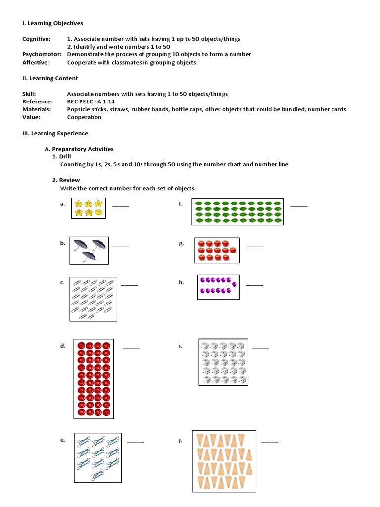 Associating Numbers With Sets Having 1 Up To 50 Objects or Things | PDF ...