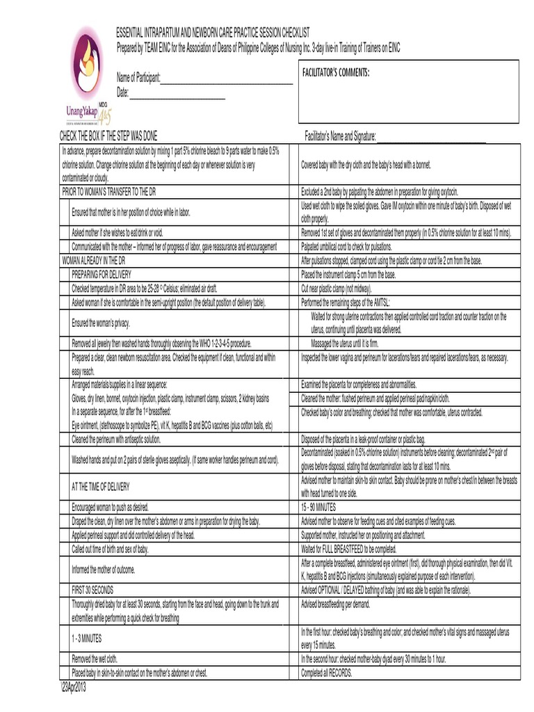EINC-Protocol-Checklist-2 | PDF | Childbirth | Breastfeeding