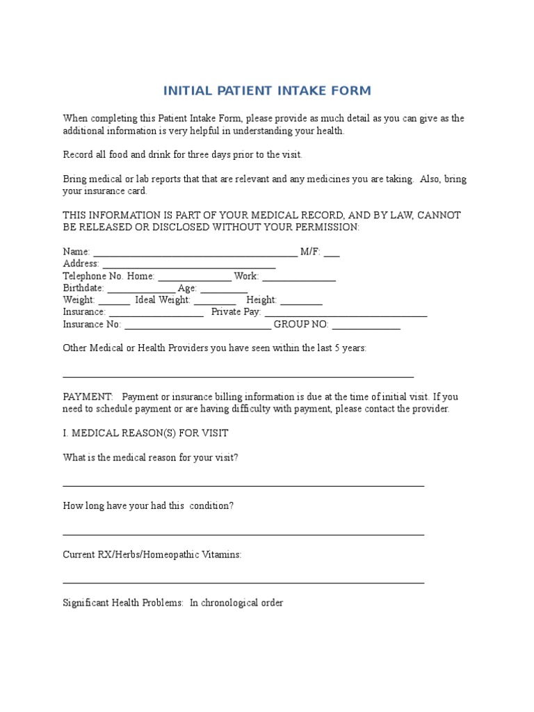 Initial Patient Intake Form | PDF | Homeopathy | Alternative Medicine