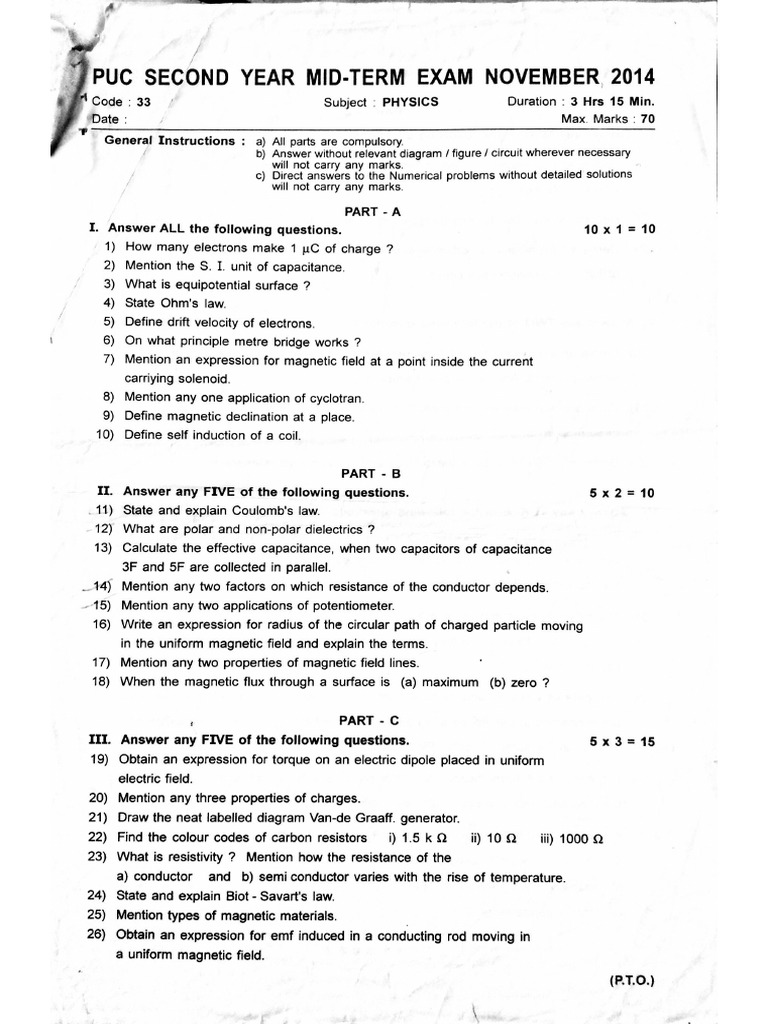 Puc Ii Mid Term Physics Question Papers 2014-2022 | PDF