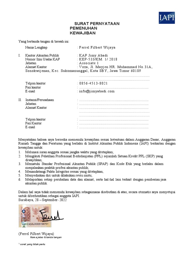 Surat Pernyataan Kewajiban IAPI | PDF | Karier & Perkembangan