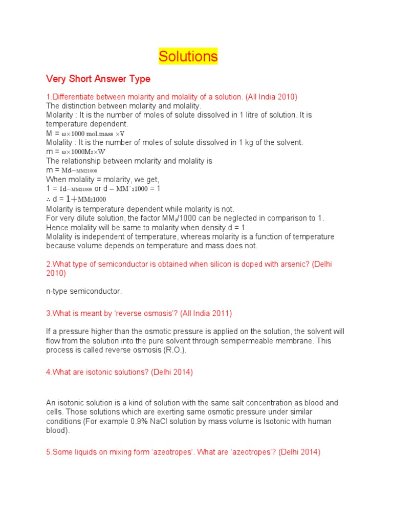 Solutions Class 12 Important Questions CBSE PDF (3) | PDF | Osmosis ...