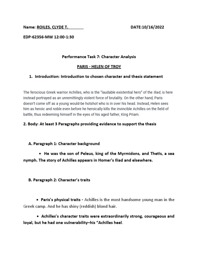 Performance Task 7. Character Analysis | PDF | Achilles | Paris (Mythology)