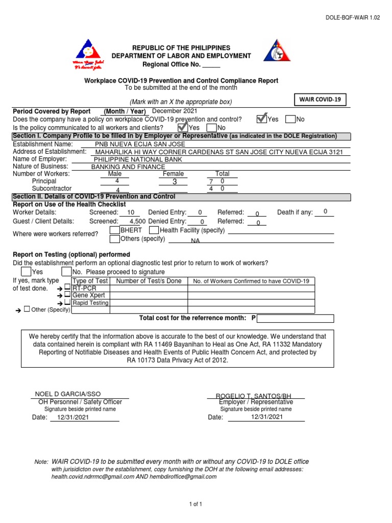 Annex.F-DOLE - COVID-19.WAIR - Form December | PDF | Business | Health ...