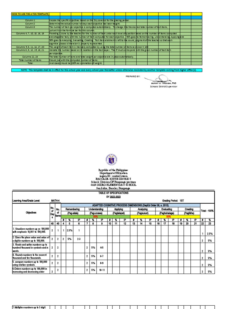 How to Use the e-TOS Template for Math Objectives | PDF | Division ...