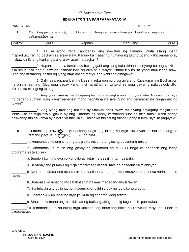 2nd Summative Test - ESP | PDF