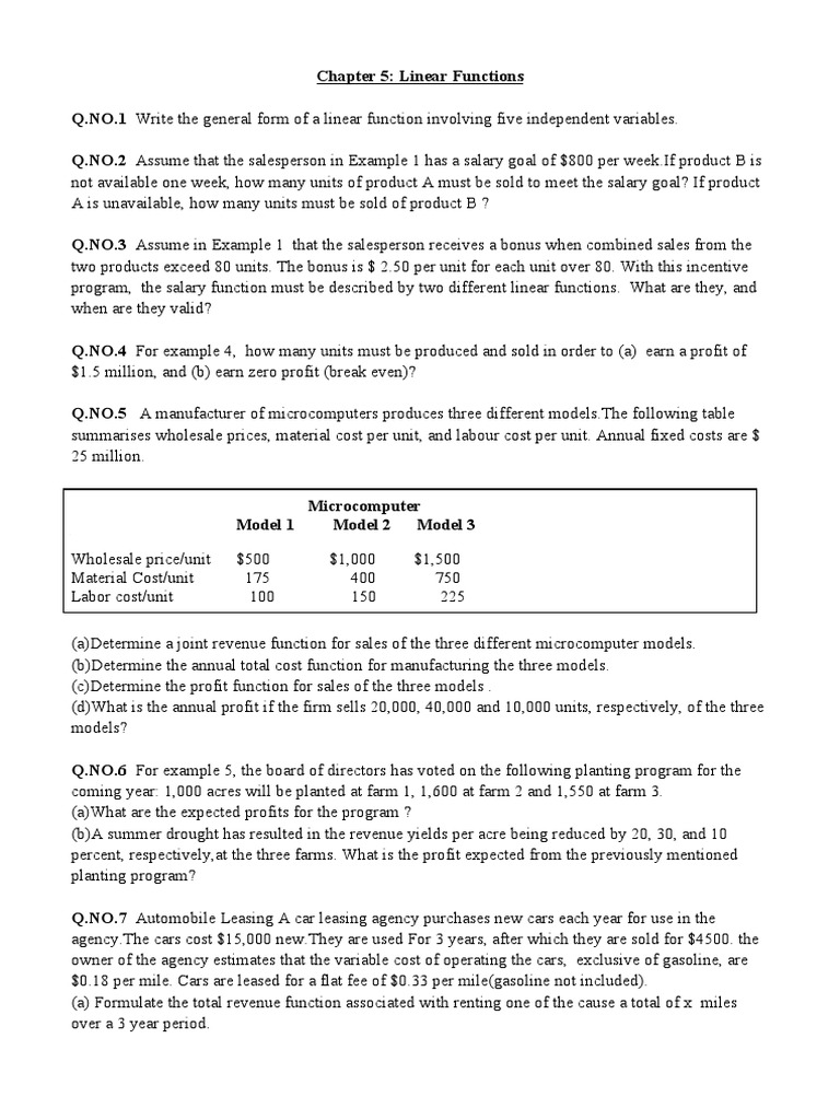 Linear Functions: Revenue, Cost, and Profit Analysis | PDF ...