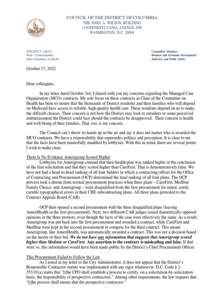 VCG Letter Re MCO Contracts PT II Final | PDF | Medicaid