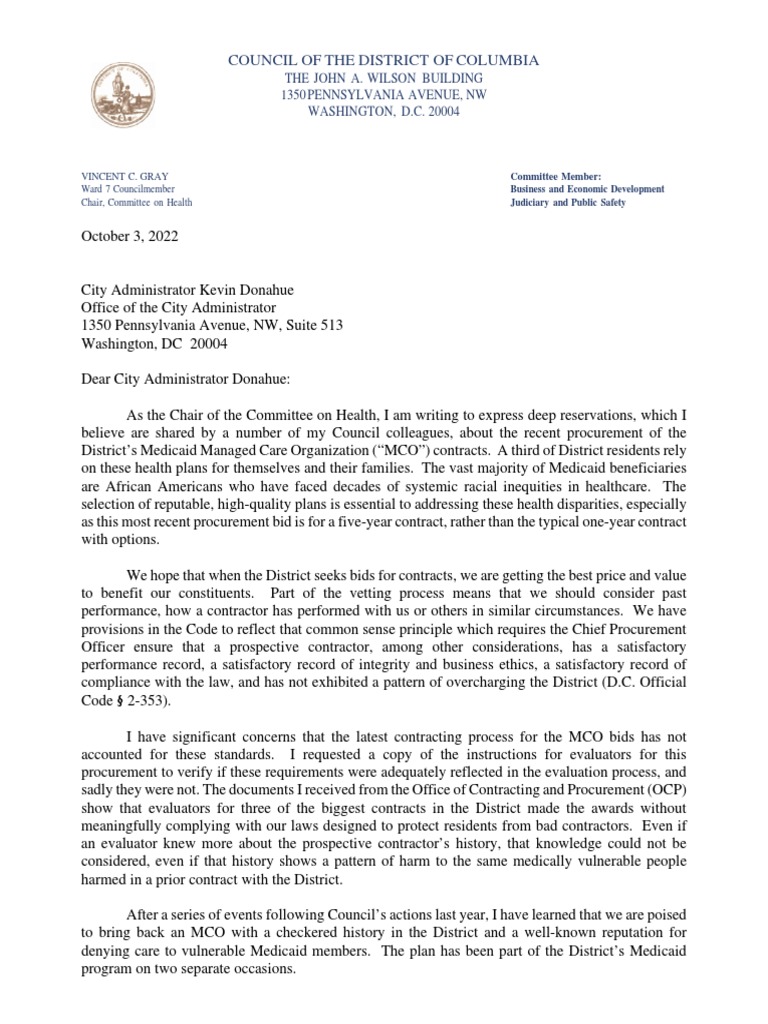 Letter to CA Donahue Re MCO Contracts 10.3.2022 Final | PDF | Medicaid ...