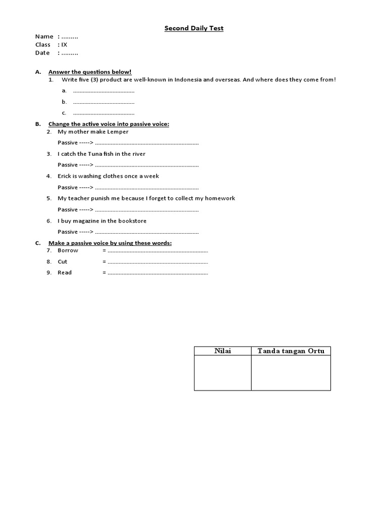 IX Class Daily Test: Active to Passive Voice | PDF