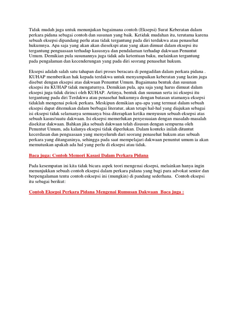Contoh Eksepsi Dan Teknik Menyusun Eksepsi Pidana | PDF