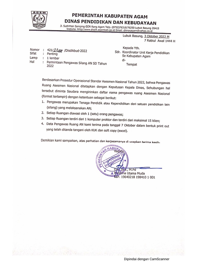 Permintaan Pengawas Silang ANBK SD | PDF