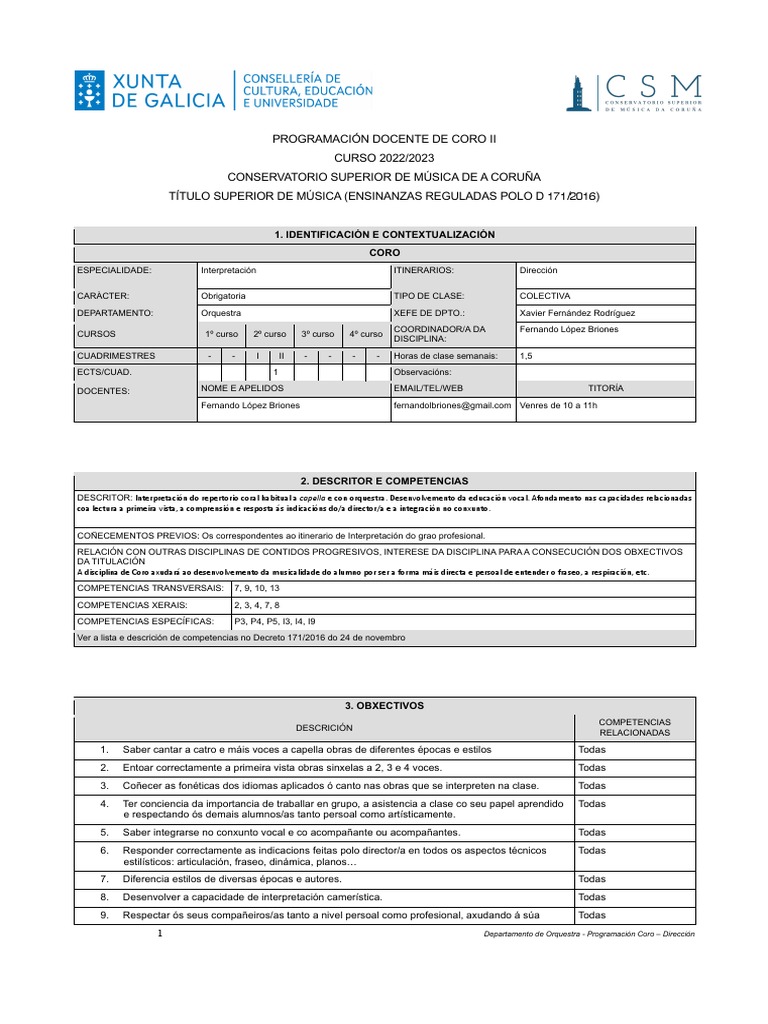 Programación 2022-23 Coro Dirección II | PDF